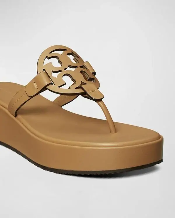 Tory Burch Miller Leather Logo Wedge Thong Sandals - Ginger Shortbread