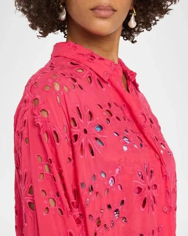Johnny Was Floral Eyelet Shirtdress Coverup - Raspberry