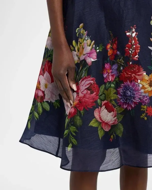 Rickie Freeman For Teri Jon Silken Linen Floral-print Shirtdress - Navy Multi