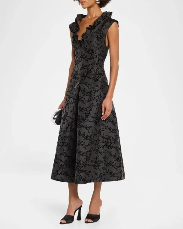 Alberta Ferretti Ruffle V-neck Floral Flocked Mikado Midi Dress