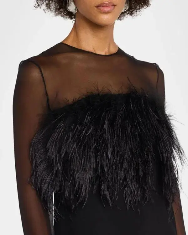 Alberta Ferretti Feather-trim Sheer Long-sleeve Enver Satin Midi Dress - Multi Blac
