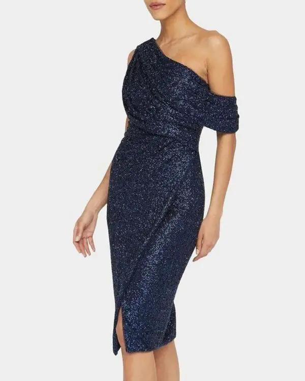 Theia Briella One-shoulder Faux Wrap Midi Dress - Navy