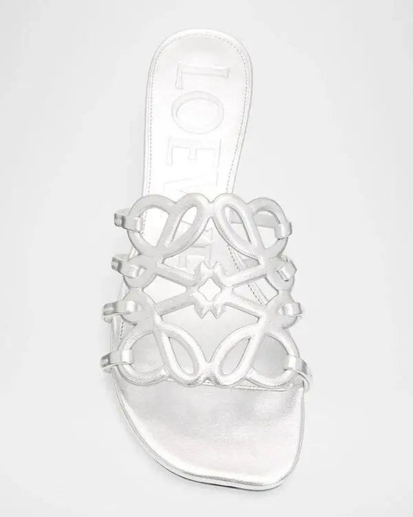 Loewe X Paula & Apos;s Ibiza 45mm Petal Anagram Metallic Leather Mule Sandals - Silver
