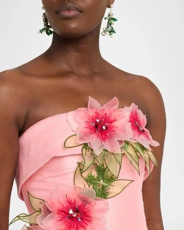 Badgley Mischka Strapless Floral Applique Satin Midi Dress
