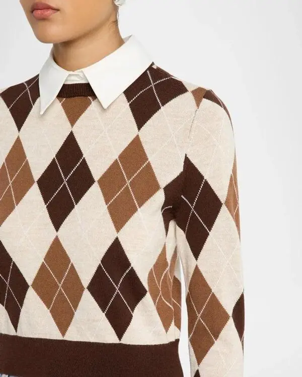 Alice + Olivia Carolann Argyle Collared Sweater - Camel/mult