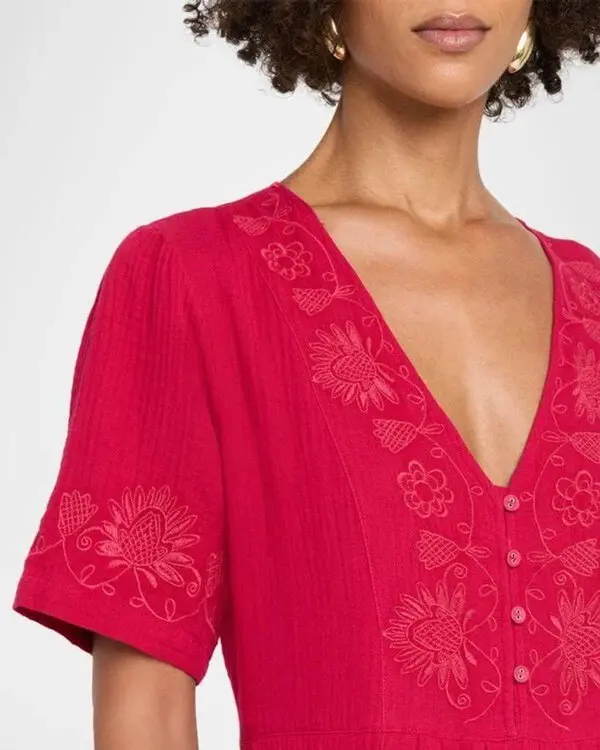 Johnny Was Floral-embroidered Cotton Gauze Dress