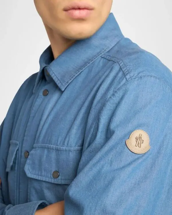 Moncler Apos;s Denim Snap-front Shirt With Leather Patch