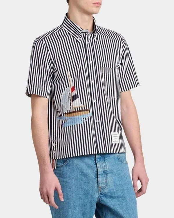 Thom Browne Apos;s Sailboat-embroidered Wide Striped Poplin Shirt