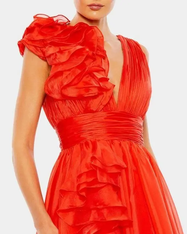 Mac Duggal Ruffle Deep V-neck Chiffon Gown - Cherry