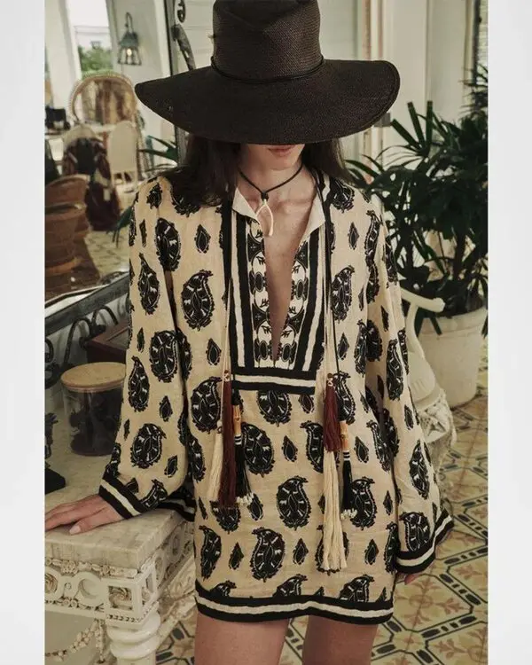 Johanna Ortiz Caretaker Of The Jungle Linen Mini Tunic Dress - Ecru/black
