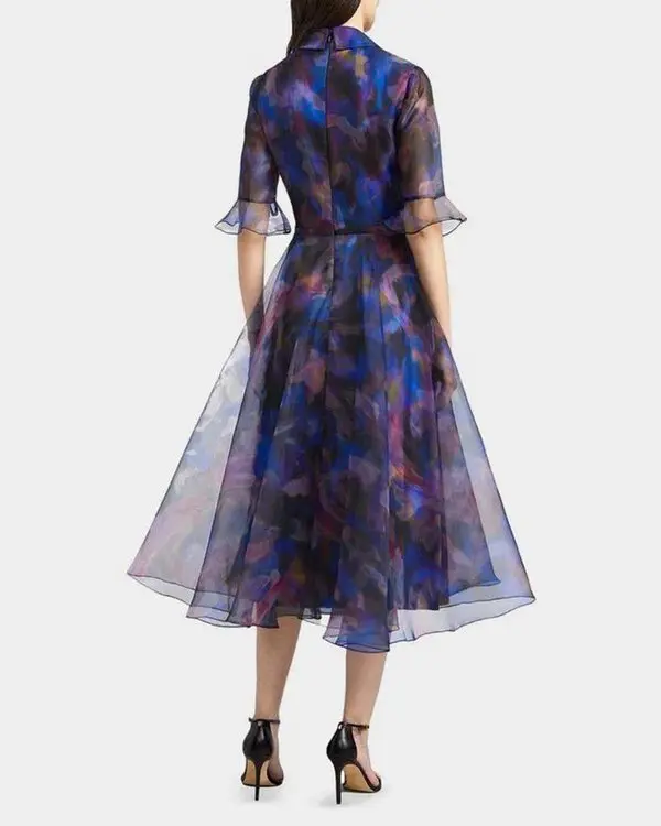 Theia Colette Abstract-print Organza Midi Shirtdress - Shadow Aur