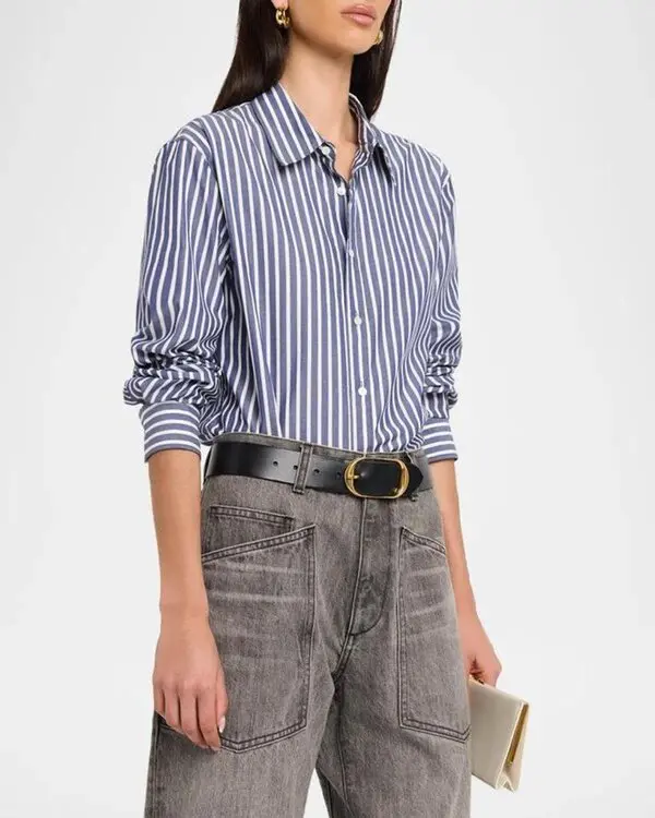 NILI LOTAN Raphael Striped Cotton Poplin Classic Shirt - Midnight/w