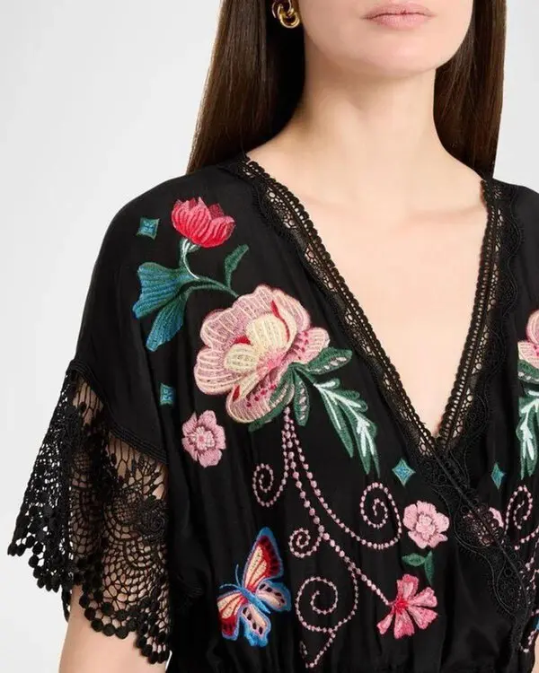 Johnny Was Amapola Embroidered Lace-trim Maxi Dress