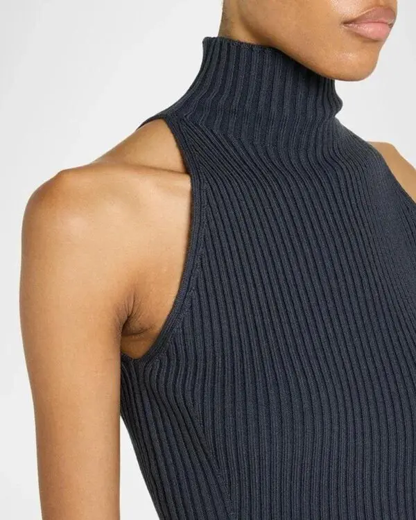 Alaïa Mock-neck Wool-blend Rib Halter Top - Gris Bleu