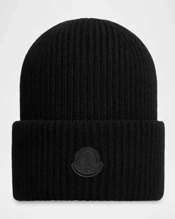 Moncler Apos;s Wool Ribbed Tonal Logo Beanie Hat