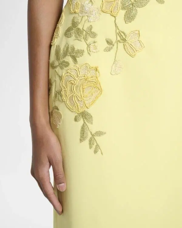 Elie Saab Floral Embroidered Cady Column Maxi Dress - Yellow