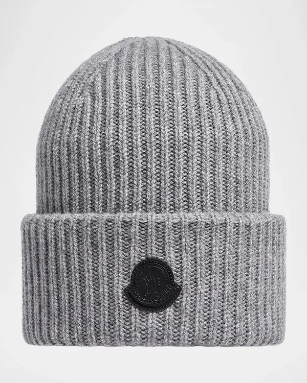 Moncler Apos;s Cashmere Ribbed Leather-label Beanie Hat - Graphite Gray