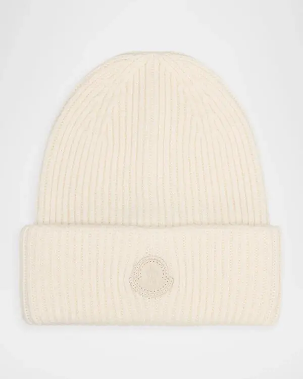Moncler Apos;s Cashmere Ribbed Leather-label Beanie Hat - Ivory