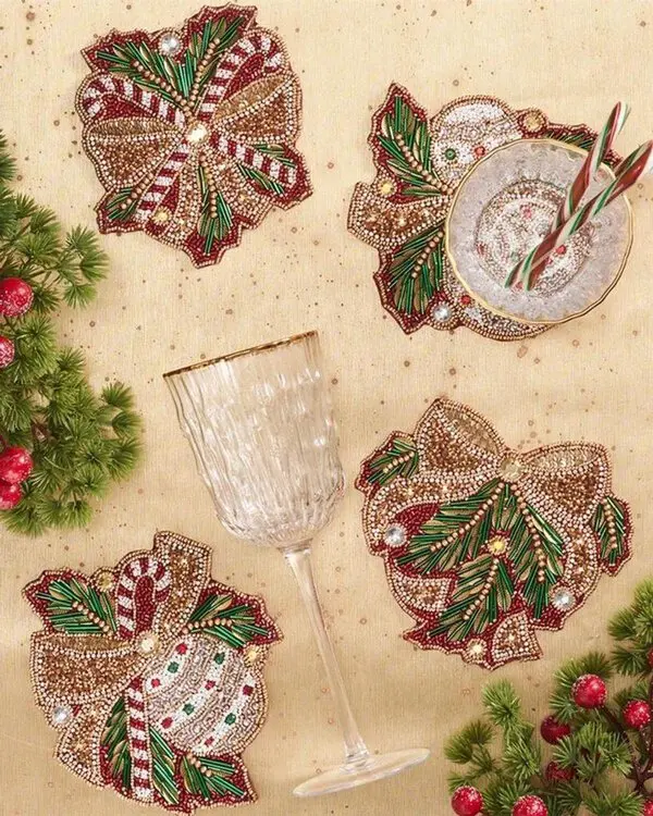 KIM SEYBERT Candy Cane Bow Beaded Coasters, Set Of 4