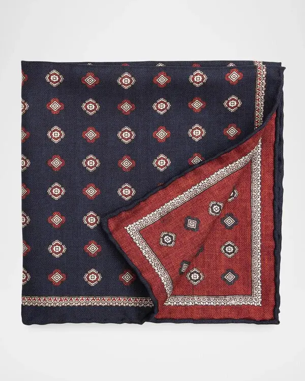 Brunello Cucinelli Apos;s Silk Medallion Pocket Square - C2425 Navy