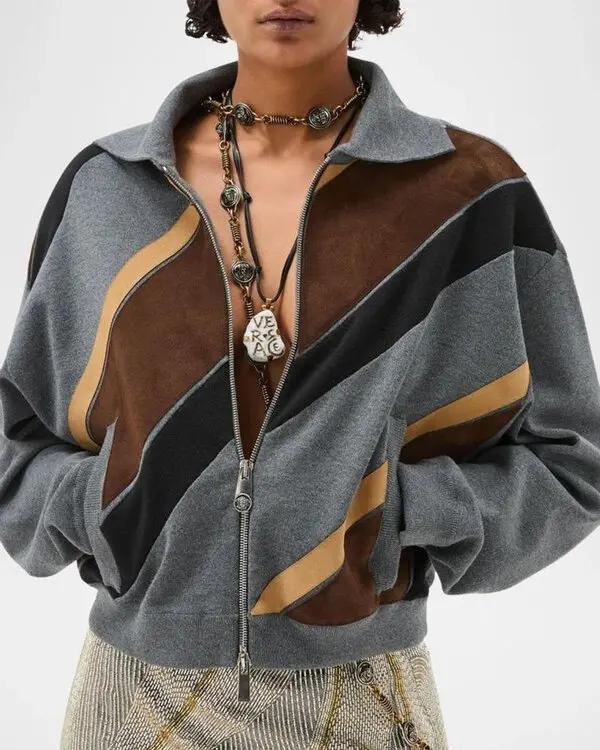 Versace Suede Patchwork Zip Jacket - Medium Grey