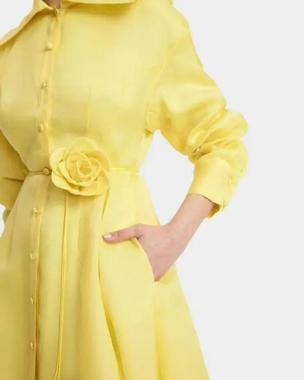LEO LIN Josephine Tie-waist A-line Silk Shirt Gown - Limoncello