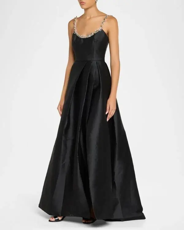 Monique Lhuillier Crystal Scoop-neck Pleated Mikado Silk Gown - Noir