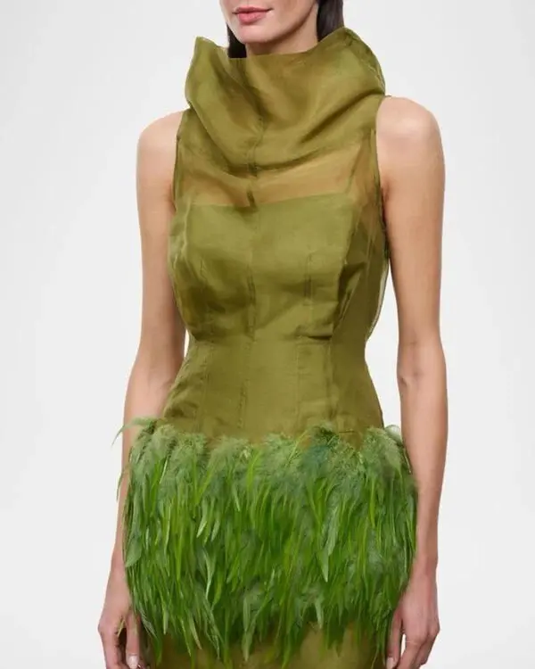 Staud Bisou Feather-trim Midi Dress