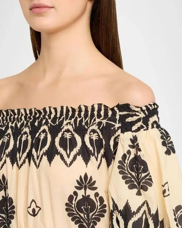Johanna Ortiz Harbor Hues Off-the-shoulder Cotton Ankle Dress - Ecru/black