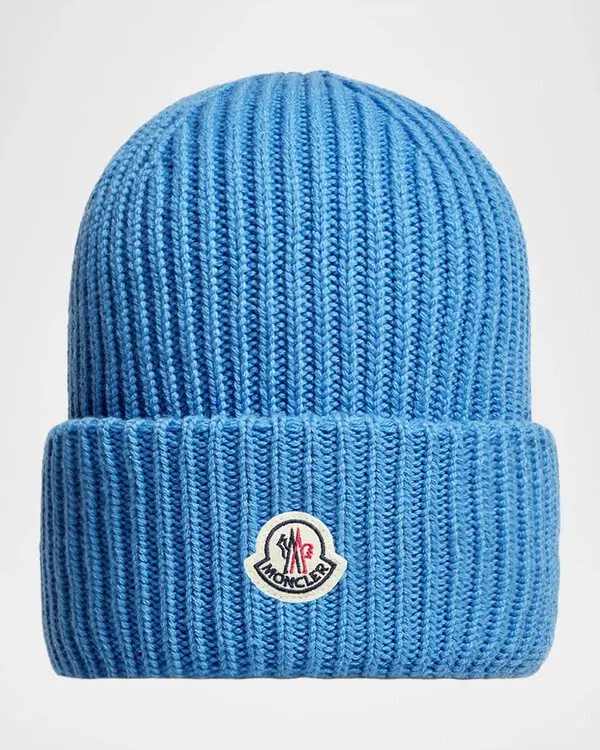 Moncler Apos;s Wool And Cashmere Ribbed Logo Beanie Hat - Blue
