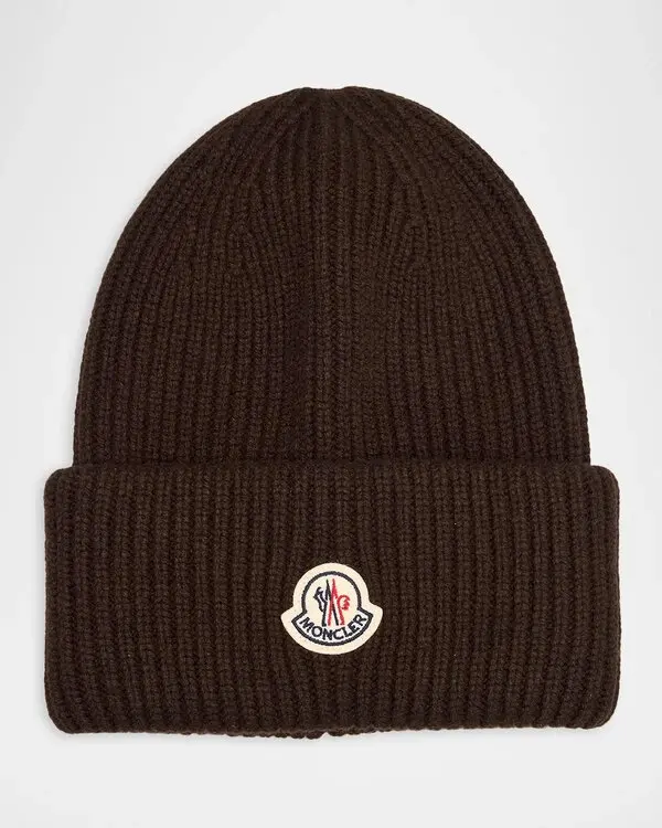 Moncler Apos;s Wool And Cashmere Ribbed Logo Beanie Hat - Brown