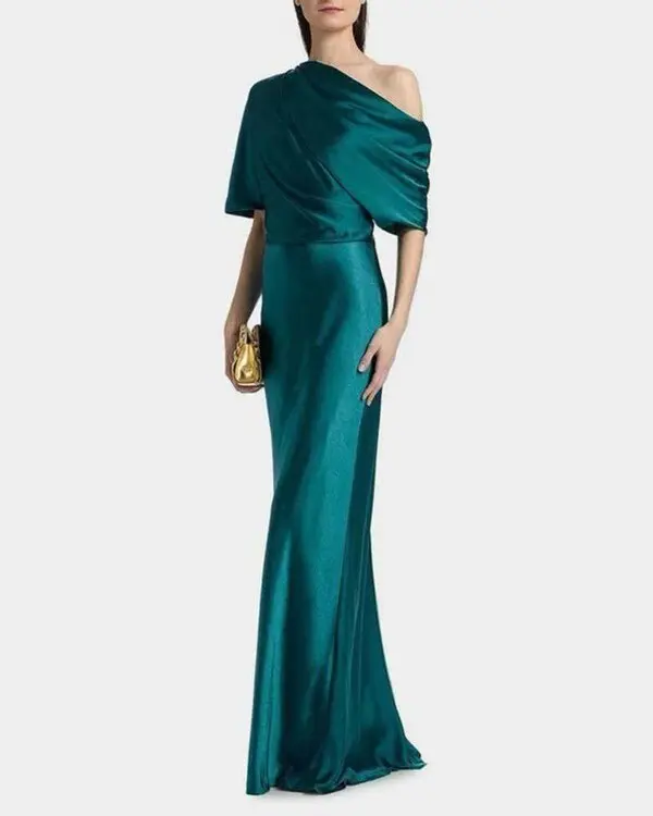 Amsale Draped Metallic Satin Faille One-shoulder Gown
