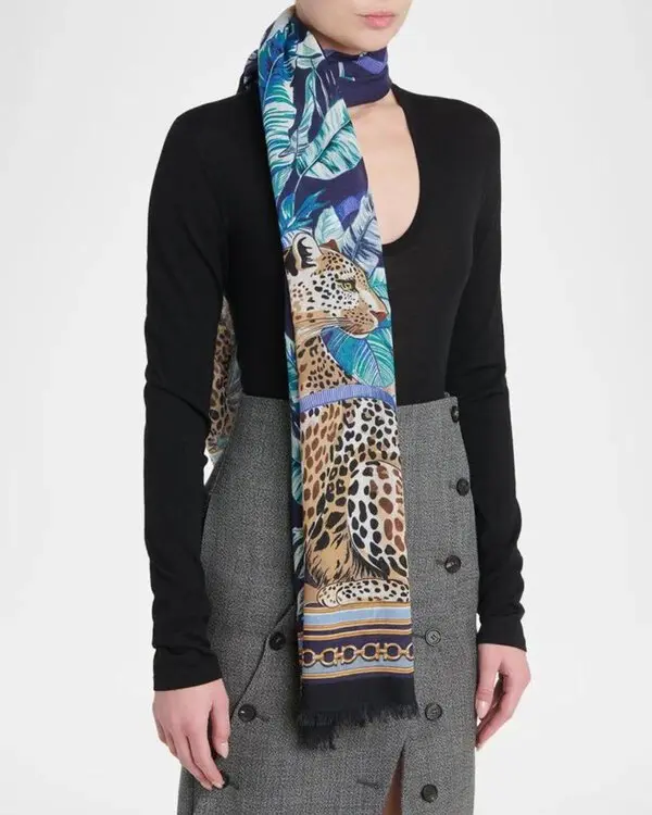 FERRAGAMO Poised Leopards Long Wool Scarf
