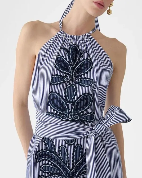 Carolina Herrera Embroidered Striped Cotton Halter Midi Dress - White/blue