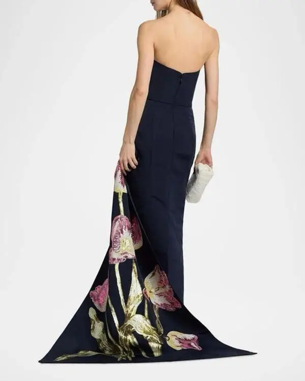 Amsale Strapless Sequined Floral Cape Column Gown - Navy