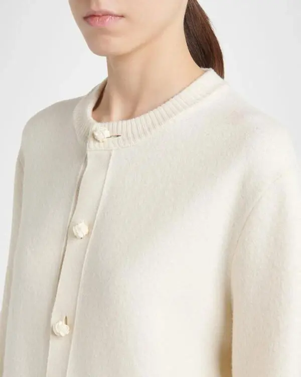 Bottega Veneta Intrecciato Button Fringed Wool Crewneck Cardigan - Chalk