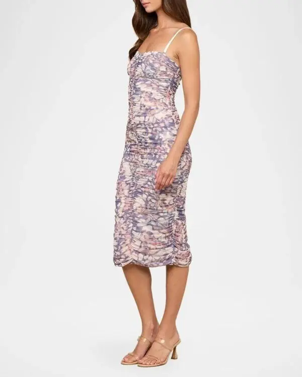 L & APOS;AGENCE Caprice Butterfly Wing-print Ruched Midi Dress