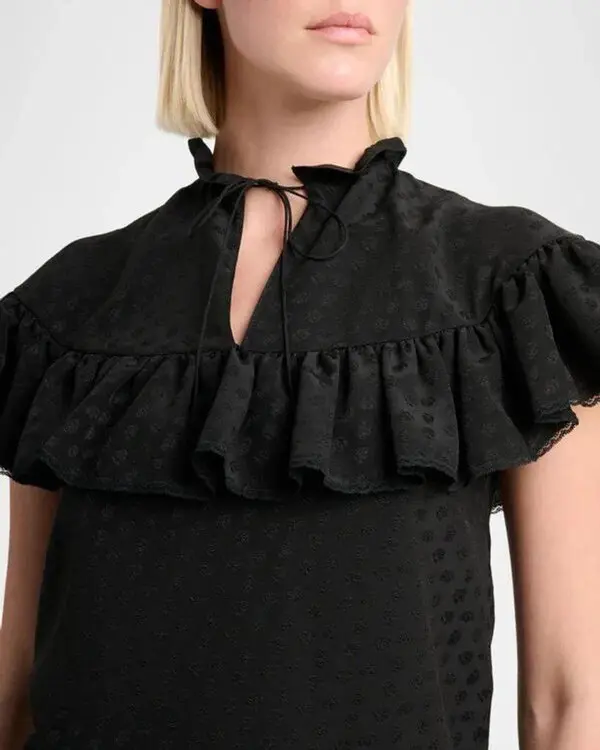 Chloé Tonal-jacquard Ruffled Short-sleeve Top - Black