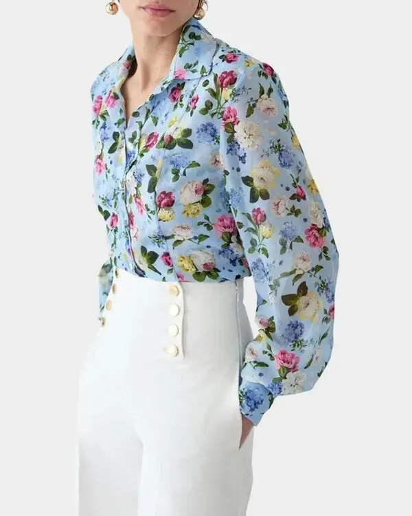 Carolina Herrera Isabella Rose-print Silk Chiffon Button-down Shirt - Cloudy Blu