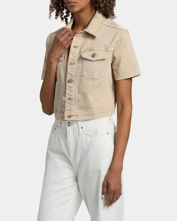 L & APOS;AGENCE Kirstie Cropped Short-sleeve Denim Jacket - Biscuit