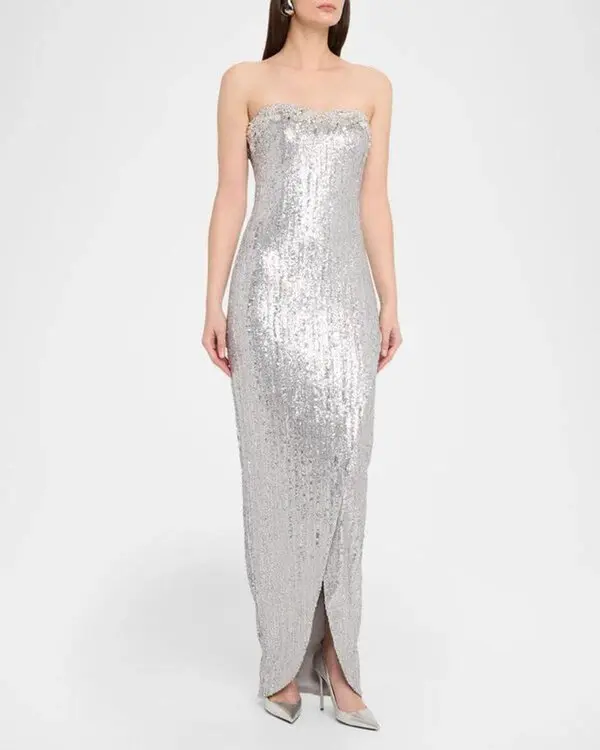 Pamella Roland Strapless Sequined Column Gown - Silver