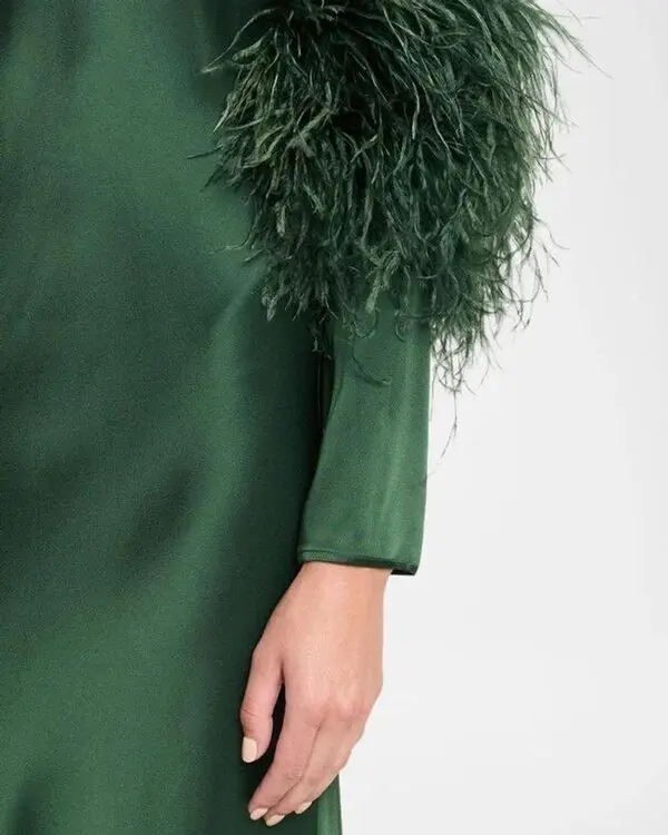 Lapointe Satin Draped Neck Feather-trim Midi Dress