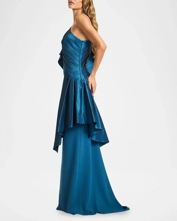 Tadashi Shoji Draped One-shoulder Taffeta Crepe Gown - Cerulean