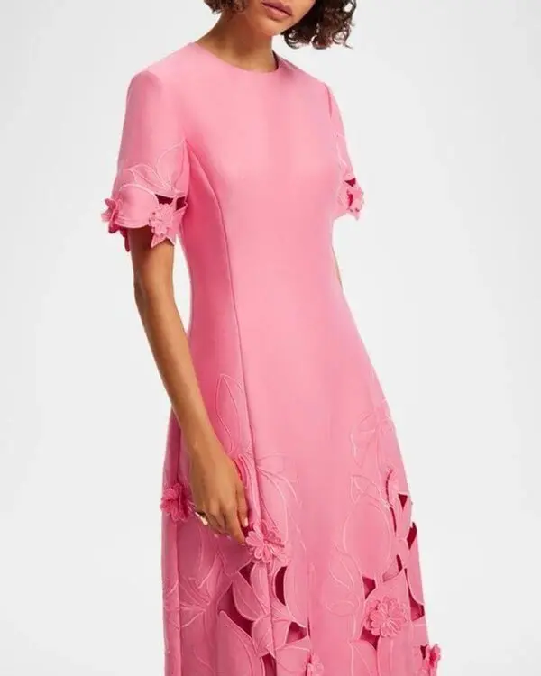 LEO LIN Caroline Floral Embroidered Short-sleeve Midi Dress