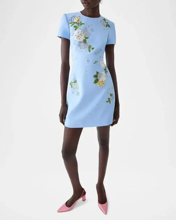 Carolina Herrera Embroidered Short-sleeve Bow Cutout Mini Dress - Cloudy Blu