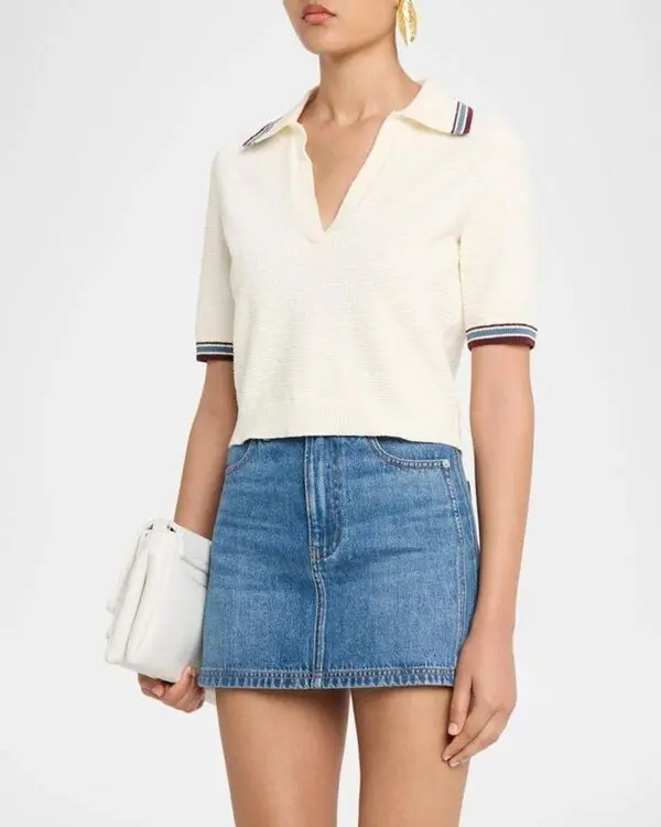 Veronica Beard Quinelle Cropped Knit Polo Top - Ecru