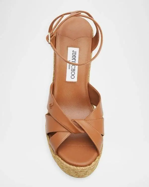 JIMMY CHOO Korra 100mm Leather & Raffia Wedge Sandals