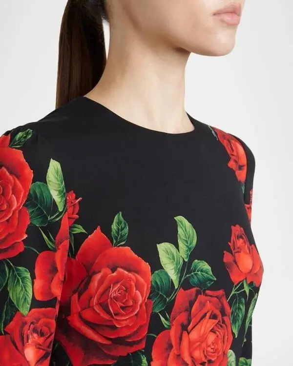 Dolce & Gabbana Rose-print Silk Long-sleeve Mini Dress