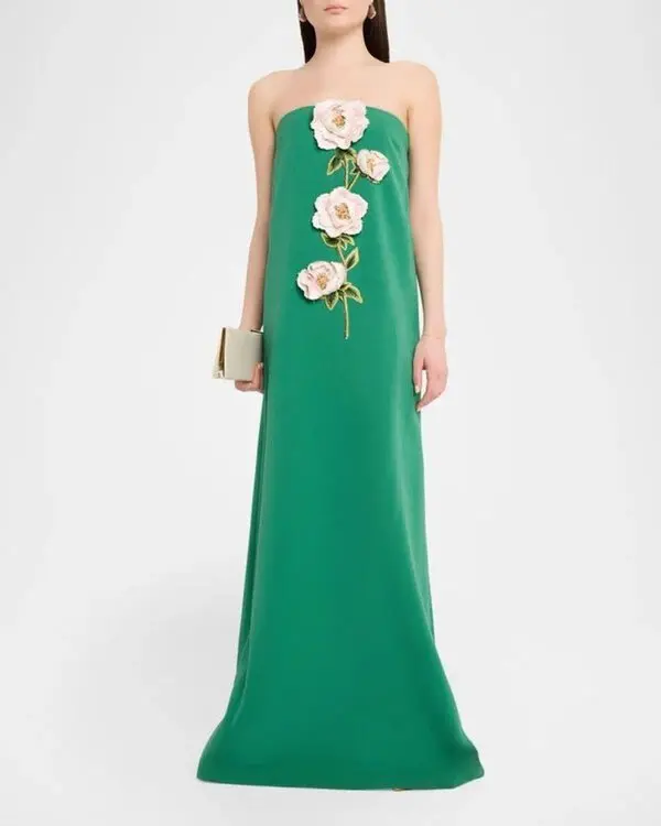 Lela Rose Peony Embroidered Strapless Crepe Gown