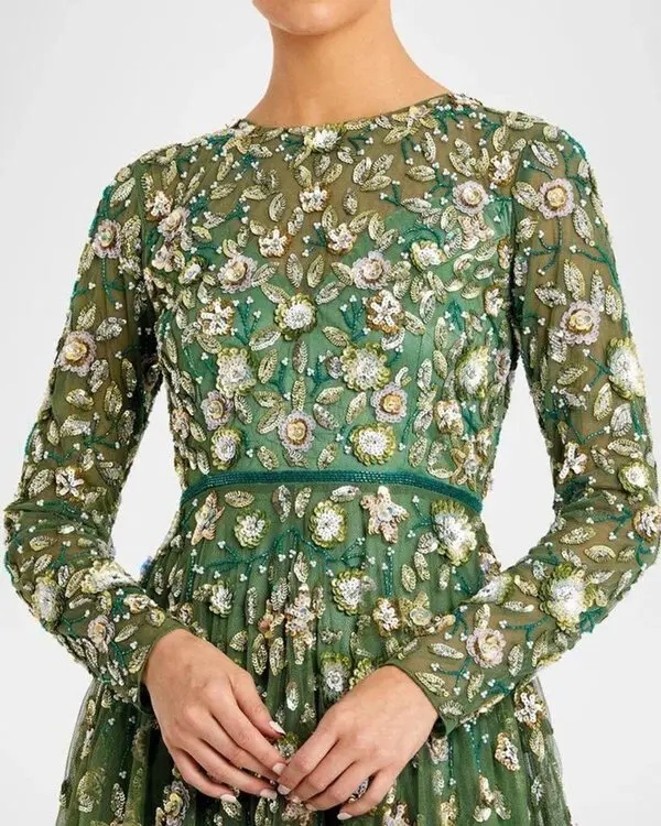 Mac Duggal Petite Long-sleeve Tulle Fit-and-flare Gown